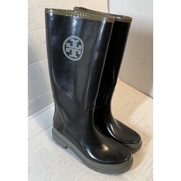 Tory Burch | Shoes | Tory Burch Womens Size 9 Black Logo Tall Calf Rain ...